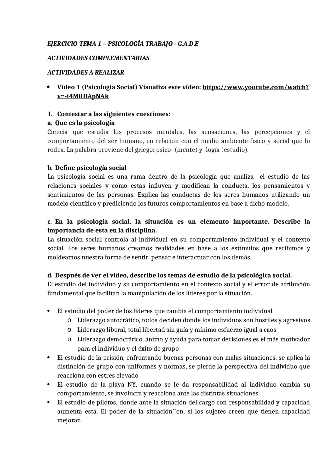 actividades complementarias tema 1 | Ejercicios de Psicología del Trabajo | Docsity