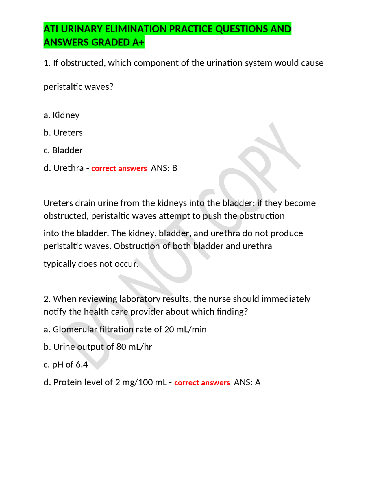 Urinary Elimination Practice Questions and Answers for Nursing Students ...