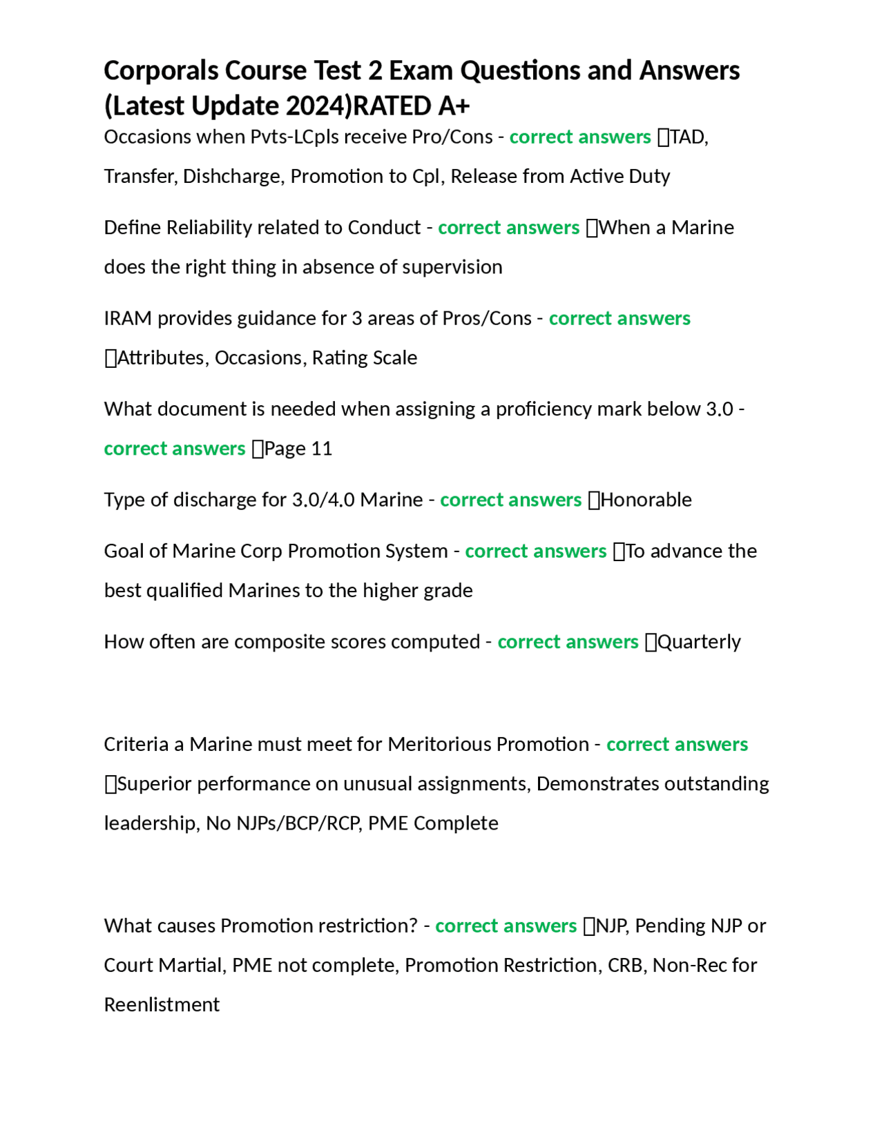 Corporals Course Test 2 Exam Questions and Answers (Latest Update 2024 ...