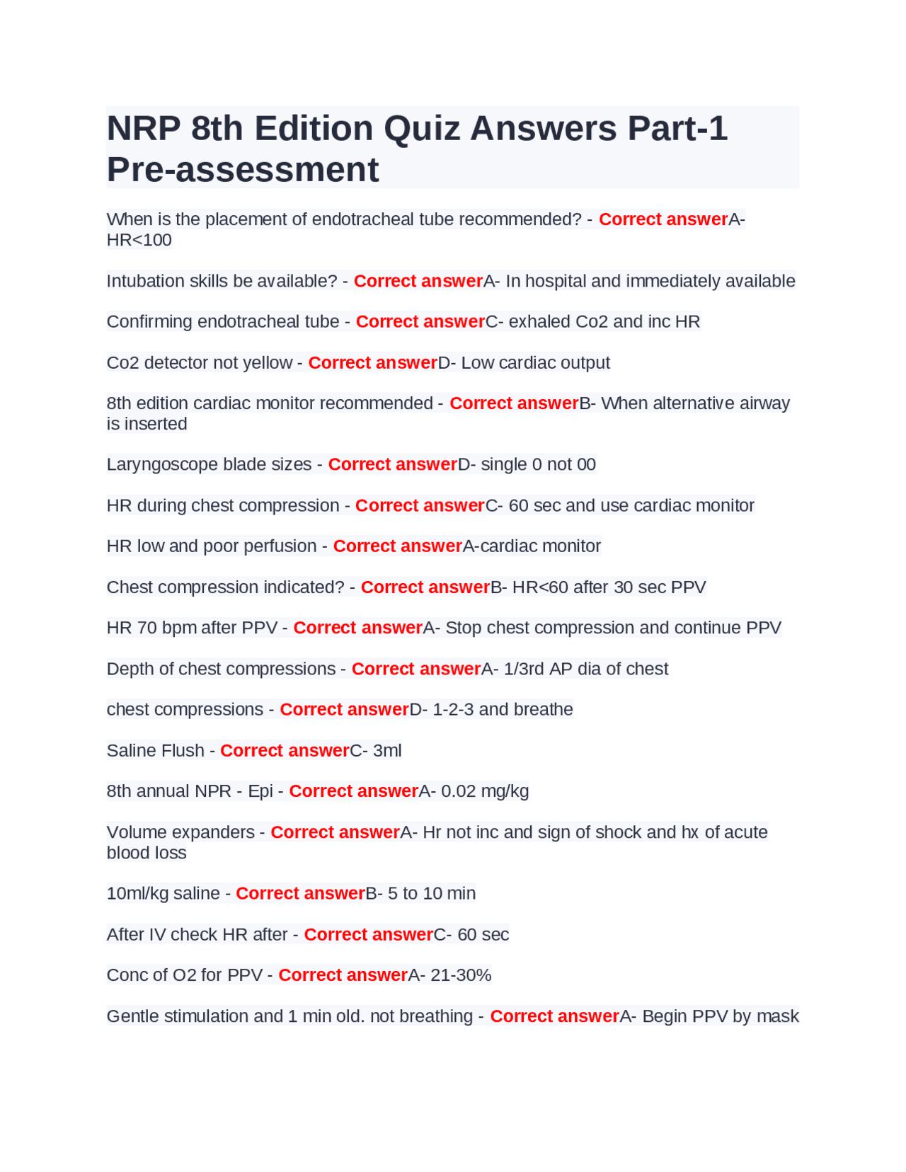 NRP 8th Edition Quiz Answers Part-1 Pre-assessment | Exams Nursing ...
