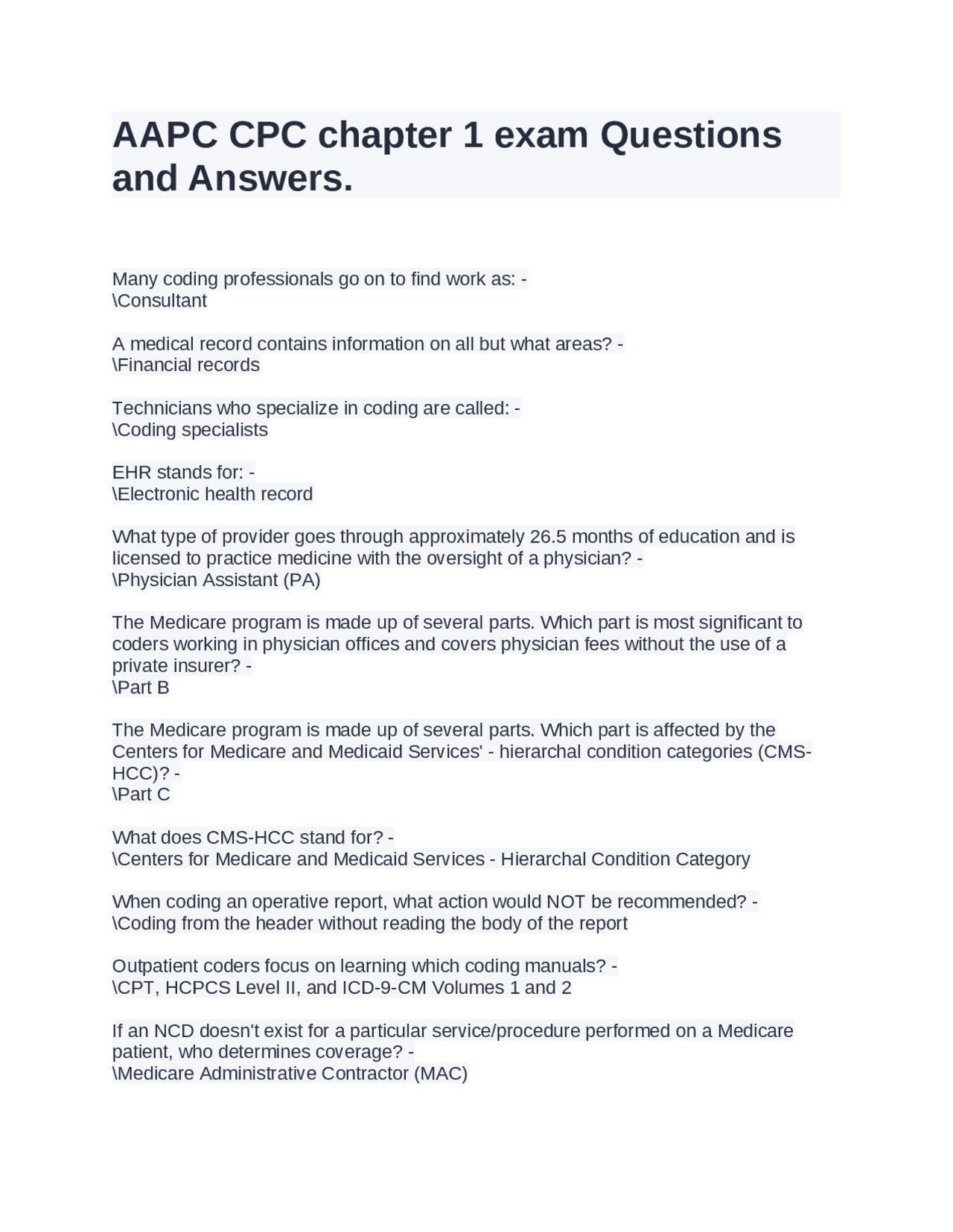 AAPC CPC chapter 1 exam Questions and Answers. | Exams Medicine | Docsity
