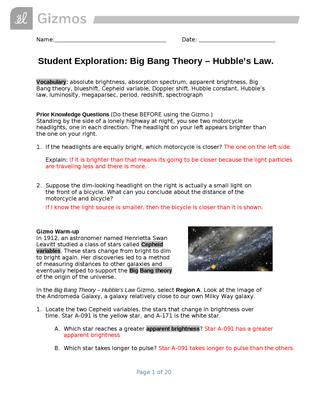 Student Exploration: Big Bang Theory – Hubble’s Law. | Exams Health ...