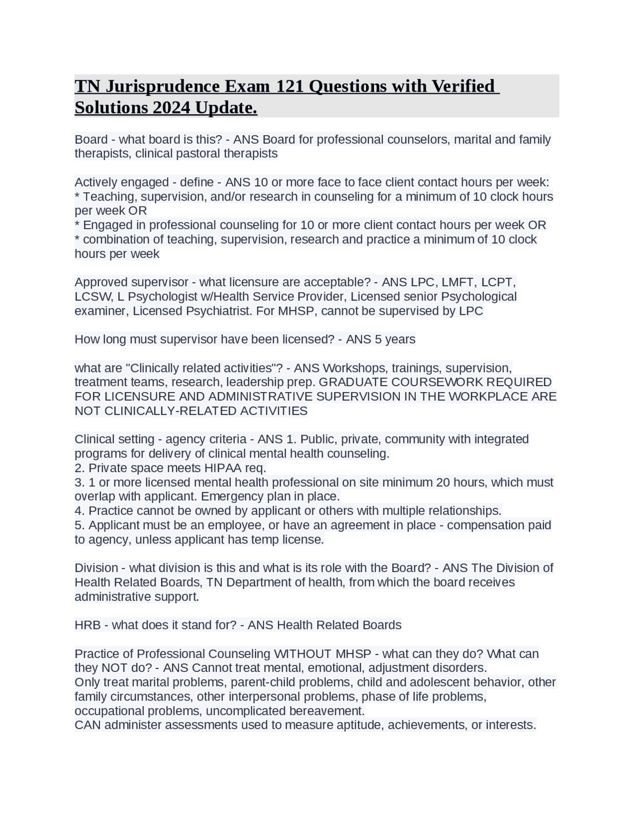 TN Jurisprudence Exam 121 Questions with Verified Solutions 2024 Update ...