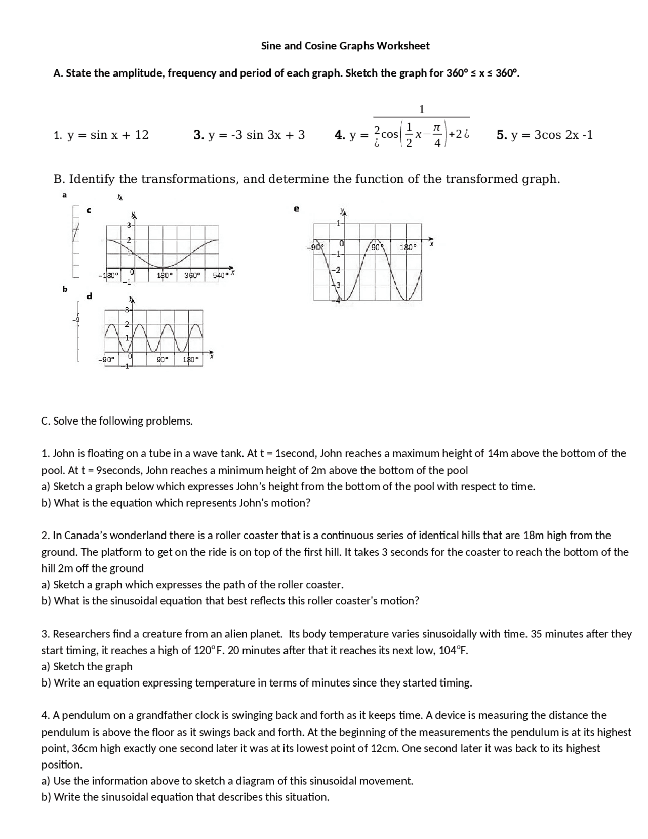Sine and Cosine Graphs Worksheet: Solving Sinusoidal Equations and ...