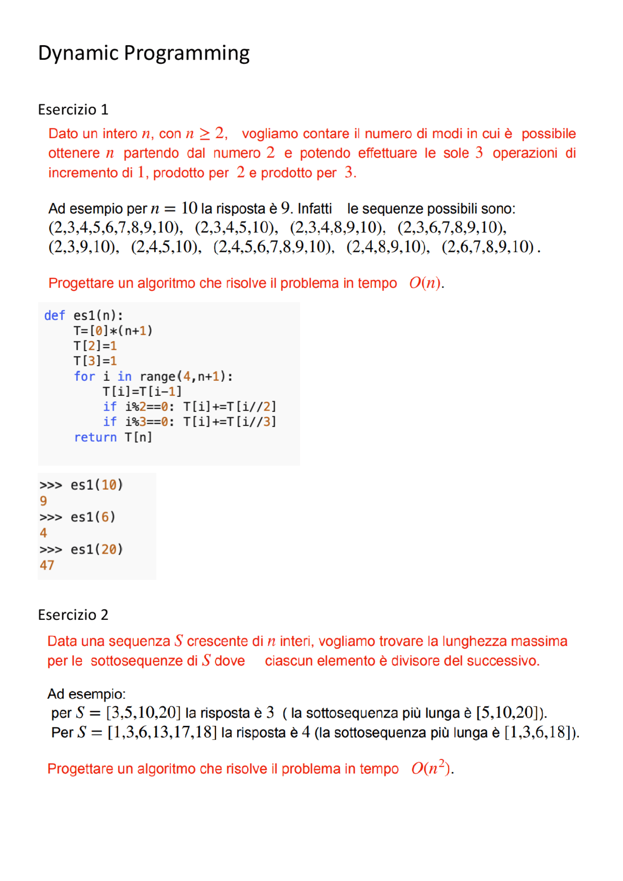 Esercizi di Prgrammazione Dinamica con Soluzioni | Esercizi di Progettazione e analisi di ...