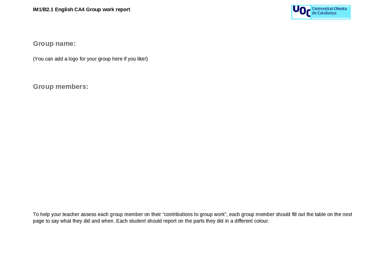 Group work report template | Ejercicios de Idioma Inglés | Docsity