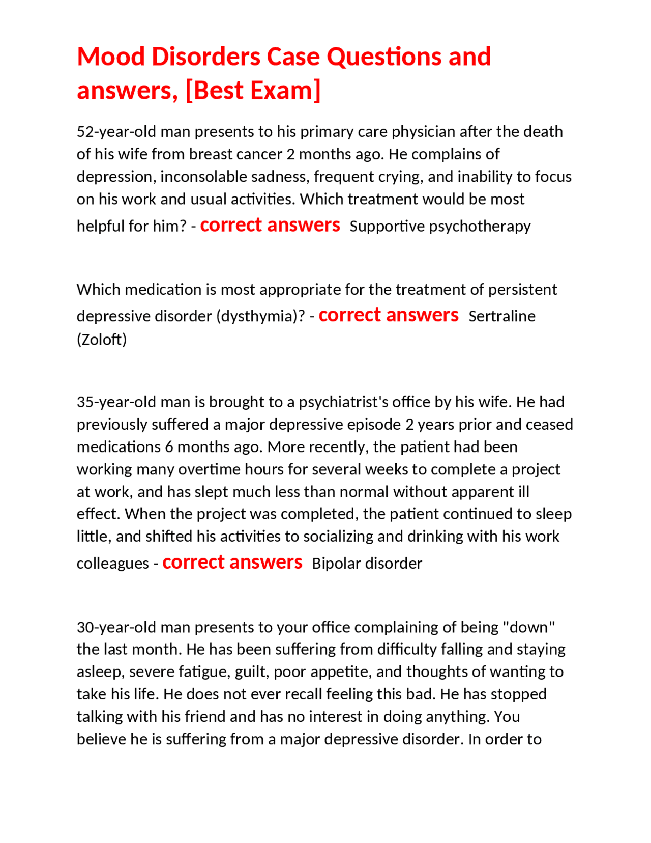 Mood Disorders Case Study Solutions | Exams Health sciences | Docsity