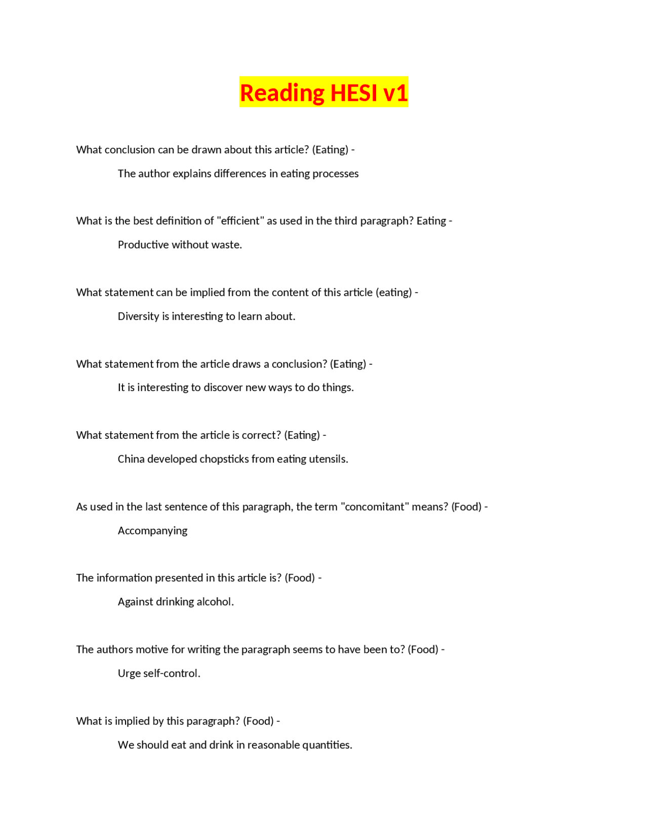 Reading HESI v1 Reading HESI v1 | Exams Nursing | Docsity
