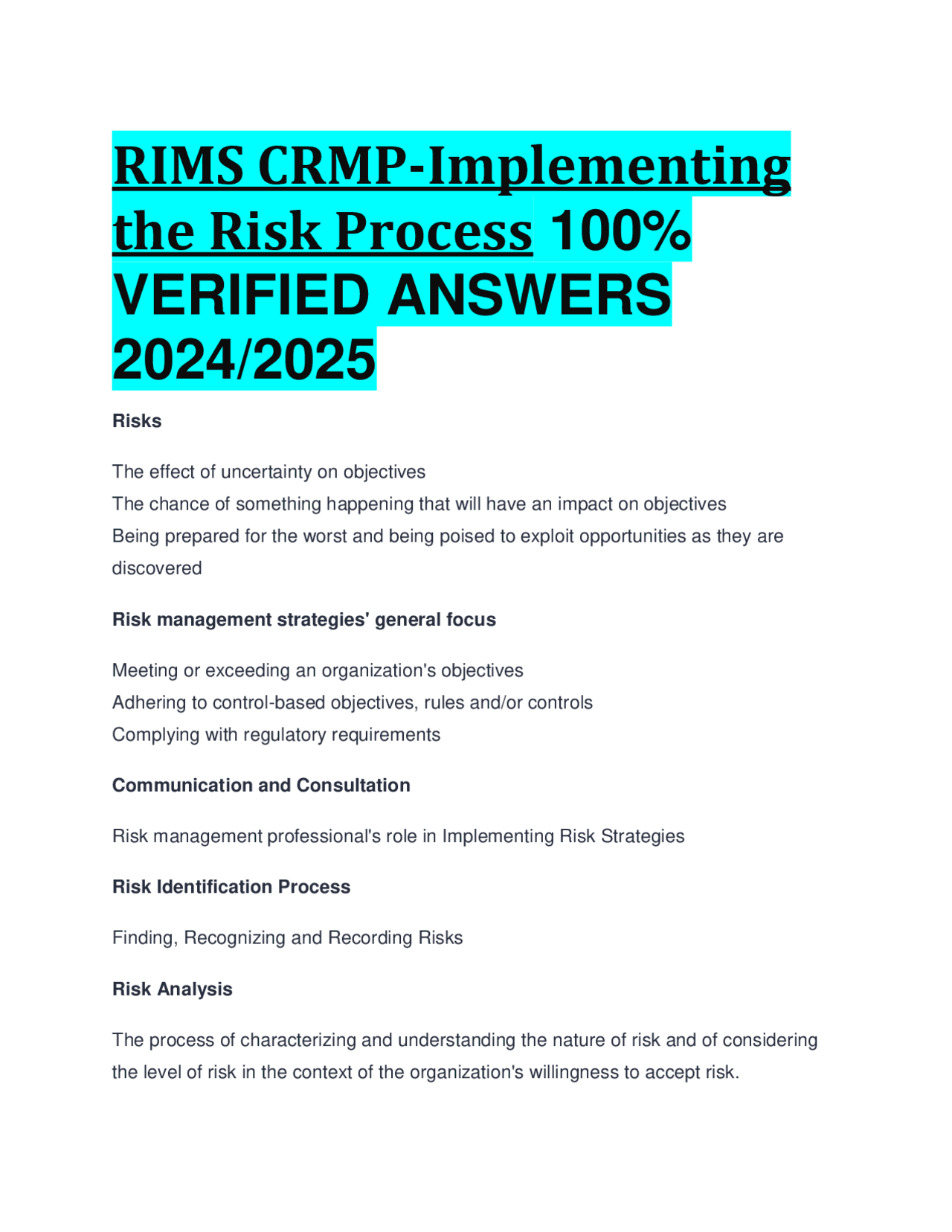 RIMS CRMP-Implementing the Risk Process 100% VERIFIED ANSWERS 2024/2025 ...