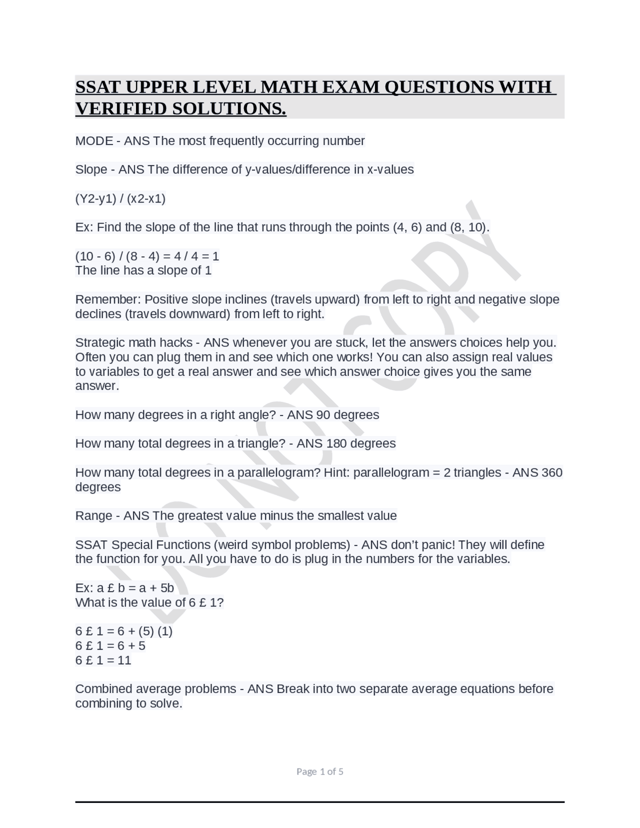 SSAT Upper Level Math Exam Questions with Verified Solutions | Exams ...