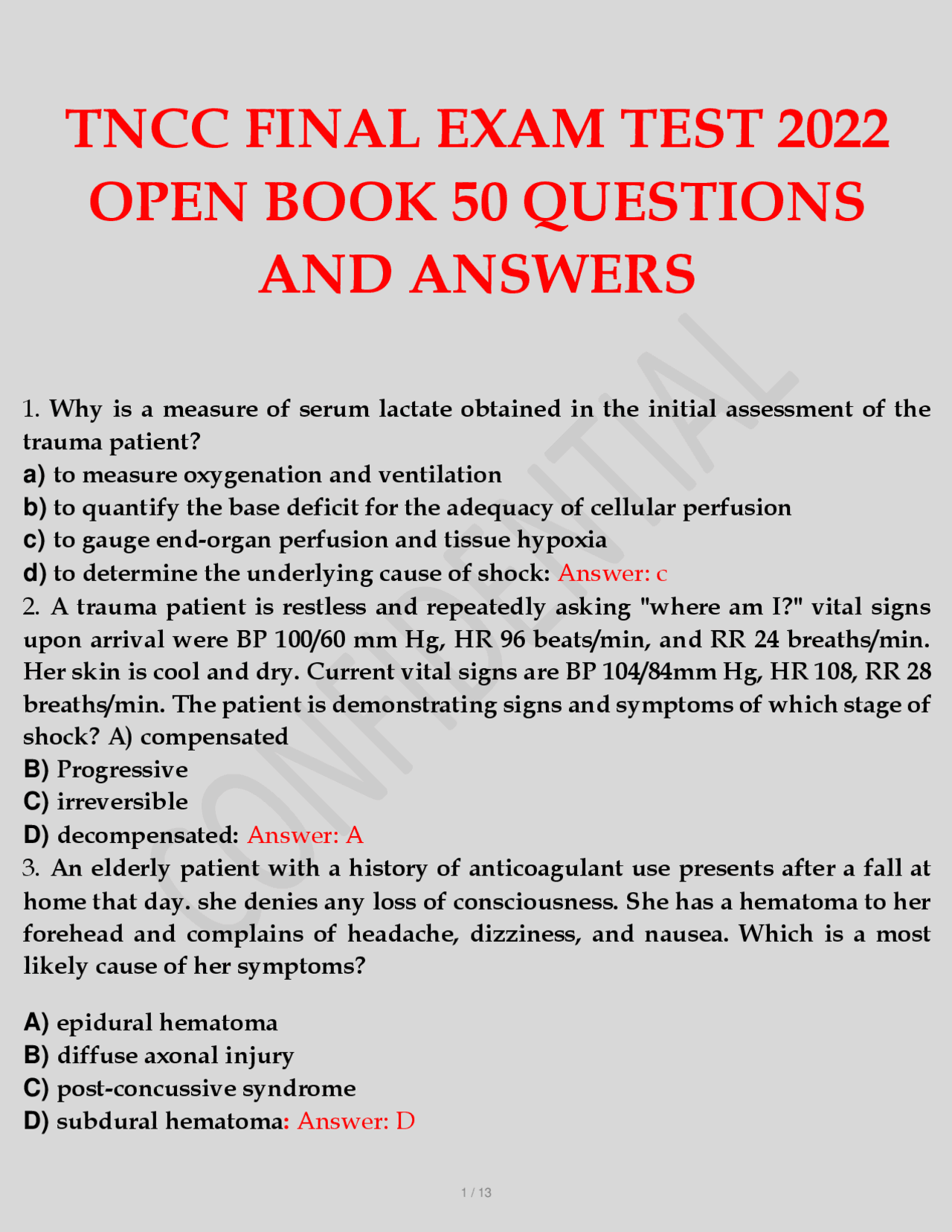 TNCC FINAL EXAM TEST 2022 OPEN BOOK 50 QUESTIONS AND ANSWERS | Exams ...