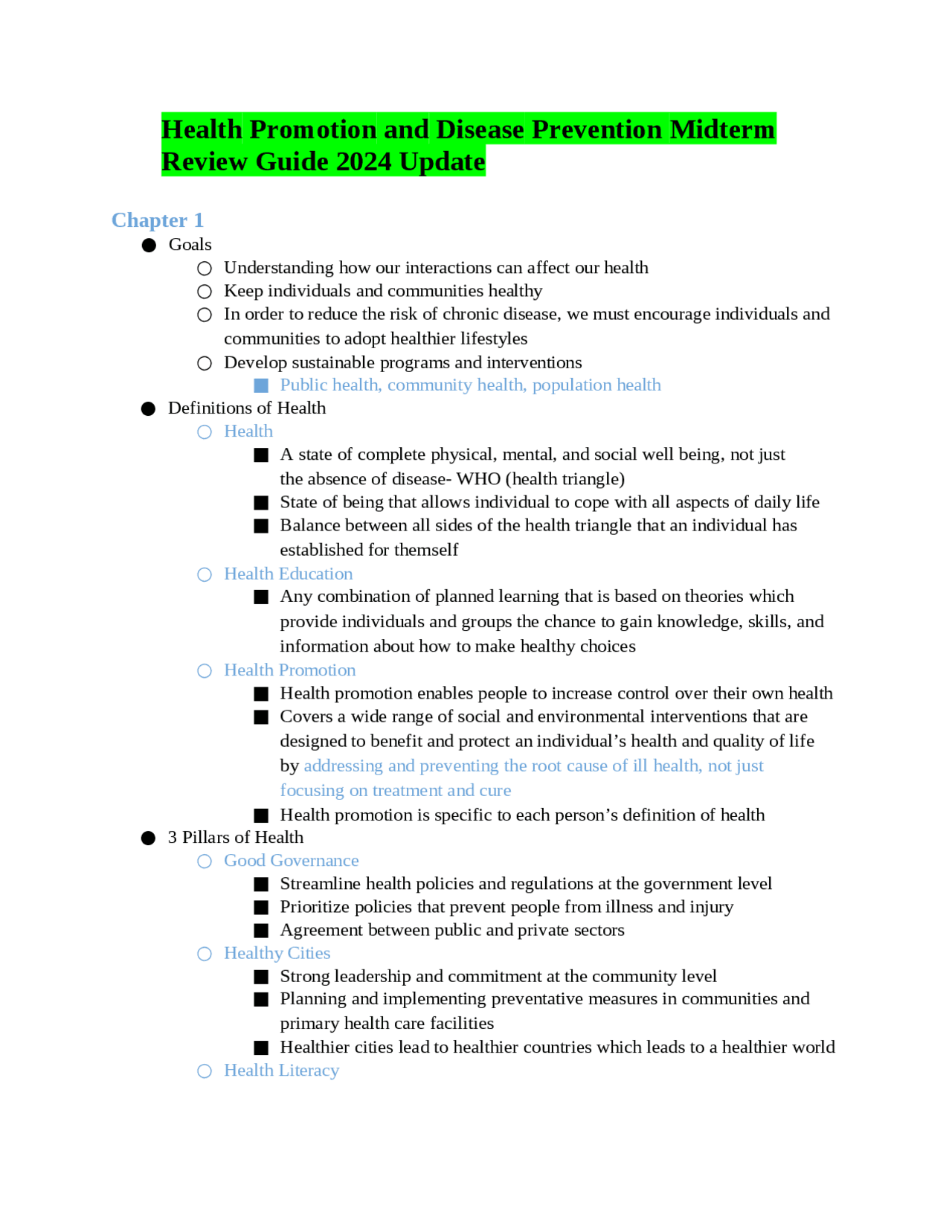 Health Promotion and Disease Prevention Midterm Review Guide 2024 ...