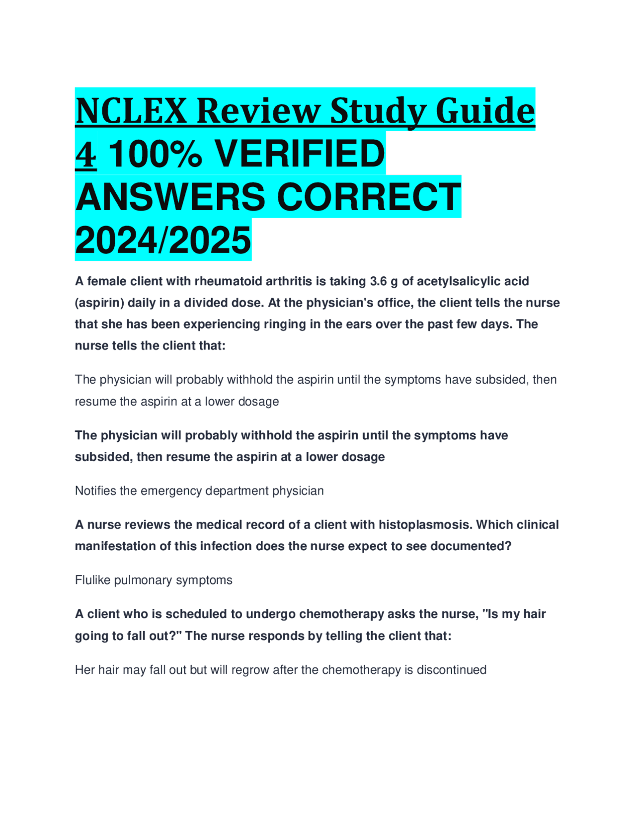 NCLEX Review Study Guide 4 100% VERIFIED ANSWERS CORRECT 2024/2025 | Exams Nursing | Docsity