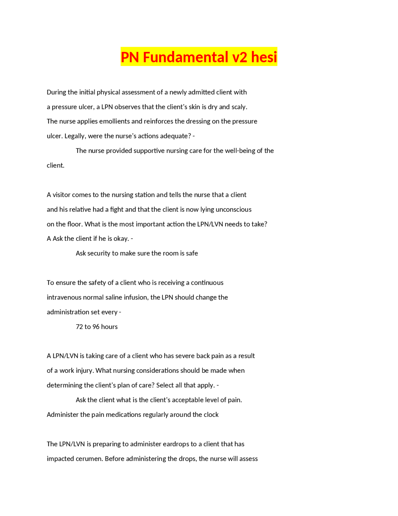 Nursing Fundamentals: LPN/LVN Clinical Scenarios | Exams Nursing | Docsity