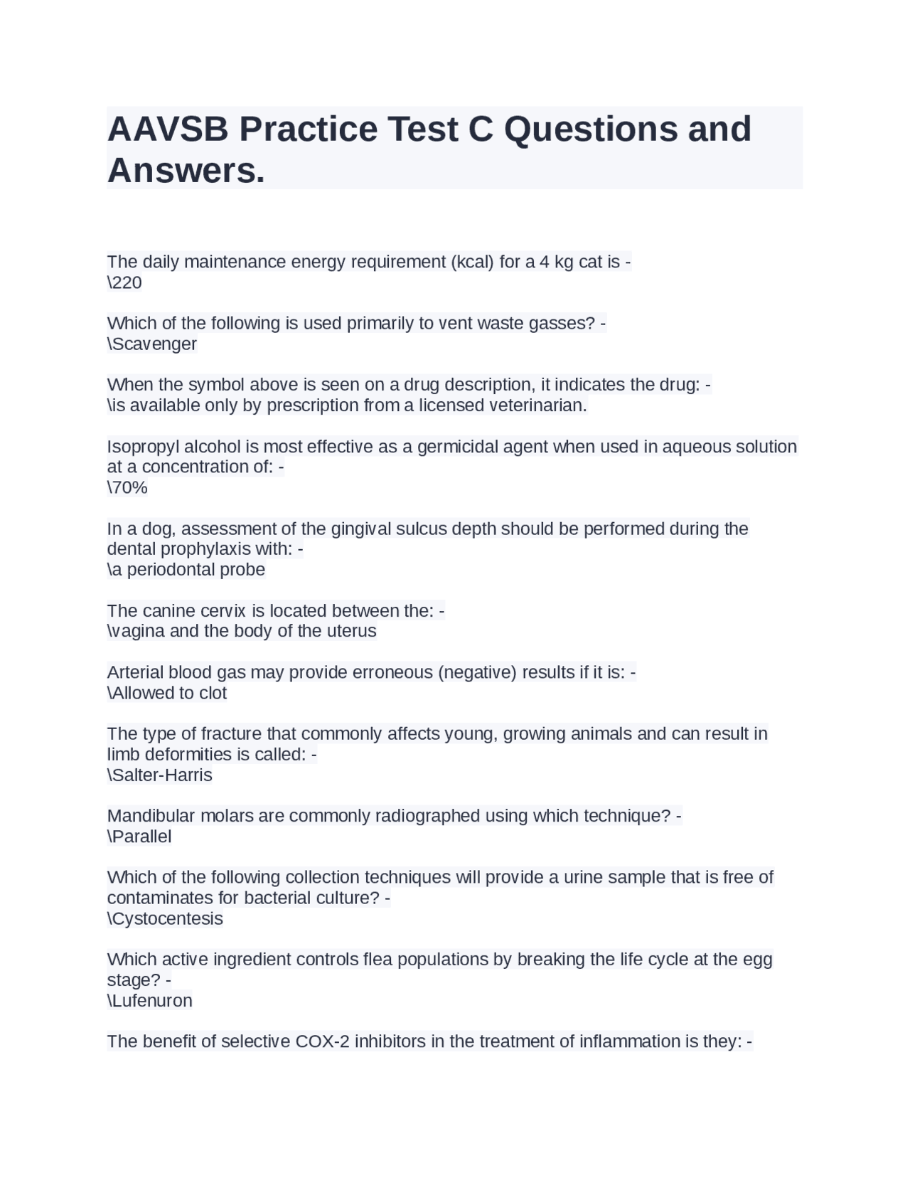AAVSB Practice Test C Questions and Answers. | Exams Medicine | Docsity