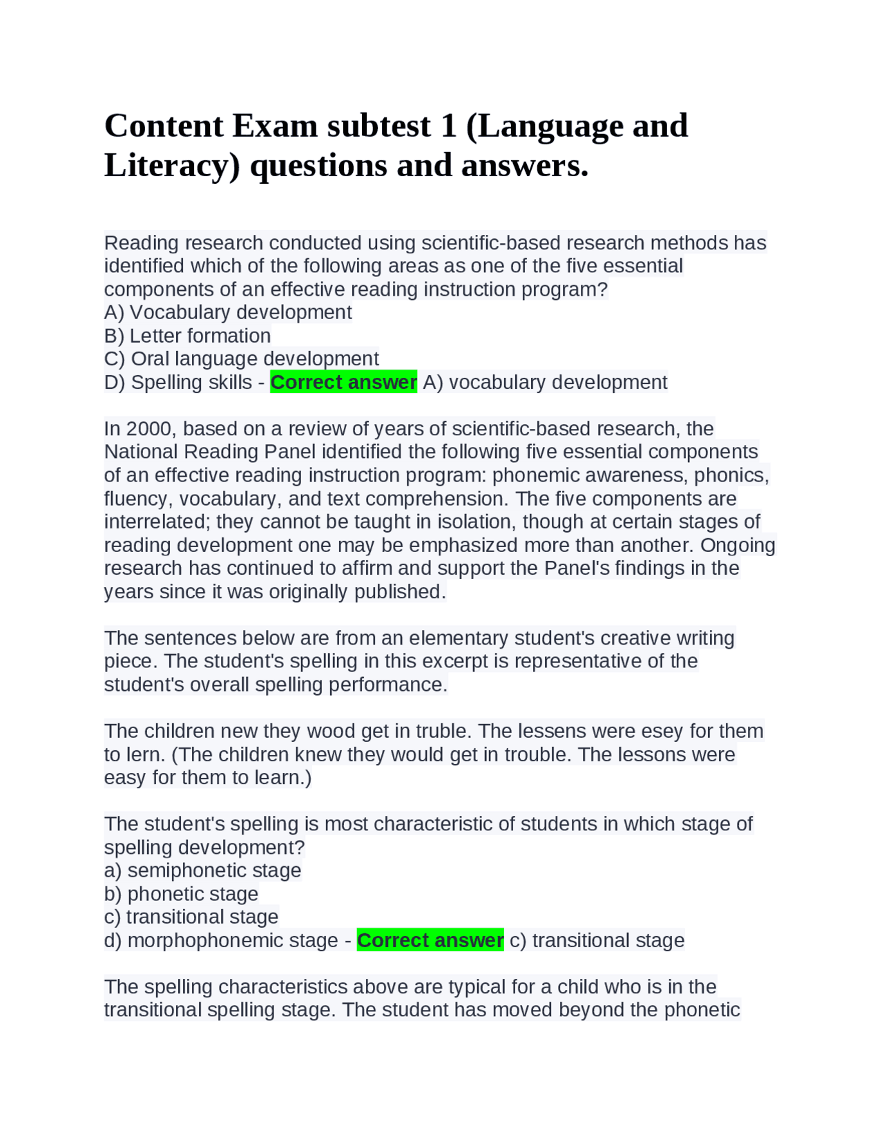 Content Exam subtest 1 (Language and Literacy) questions and answers ...
