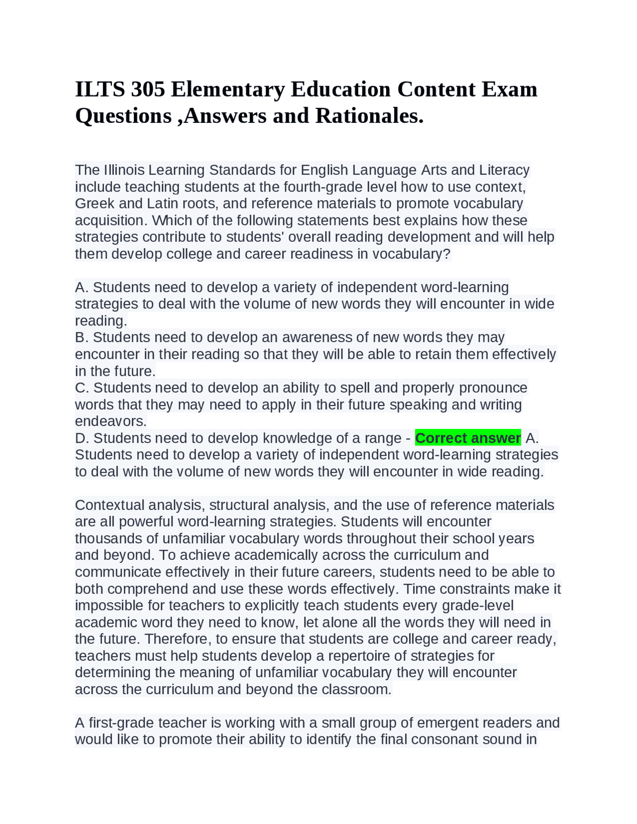 ILTS 305 Elementary Education Content Exam Questions ,Answers and ...