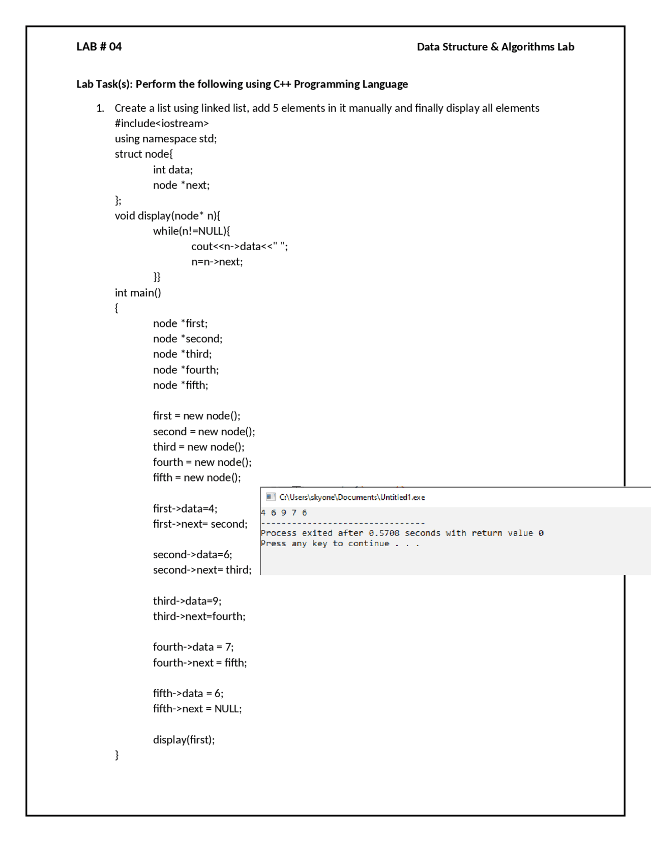 Lab Task 4 : Perform the following tasks: | Assignments Data Structures and Algorithms | Docsity