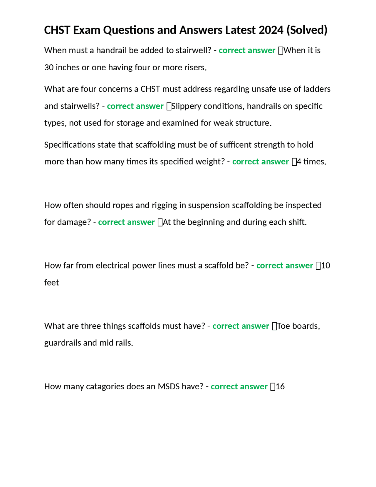 CHST Exam Questions and Answers Latest 2024 (Solved) | Exams Nursing ...