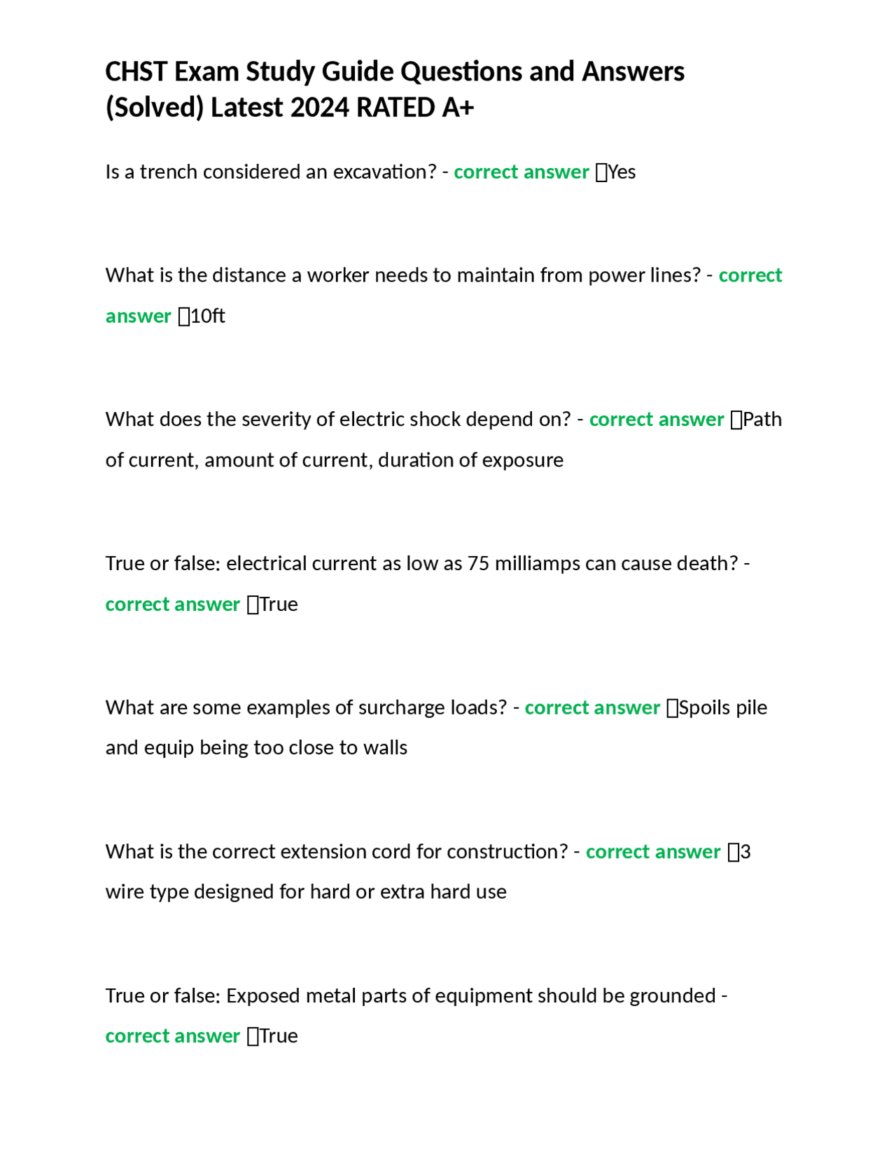 CHST Exam Study Guide Questions and Answers (Solved) Latest 2024 RATED ...