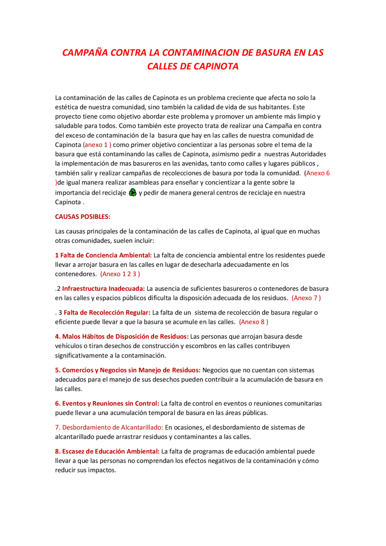Proyecto de Campaña contra la Contaminación de Basura en Capinota ...