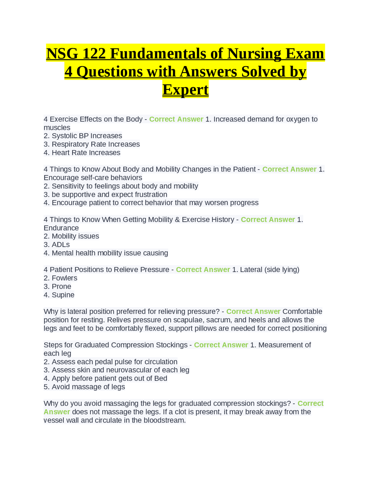 NSG 122 Fundamentals of Nursing Exam 4 Questions with Answers Solved by Expert | Exams Nursing ...