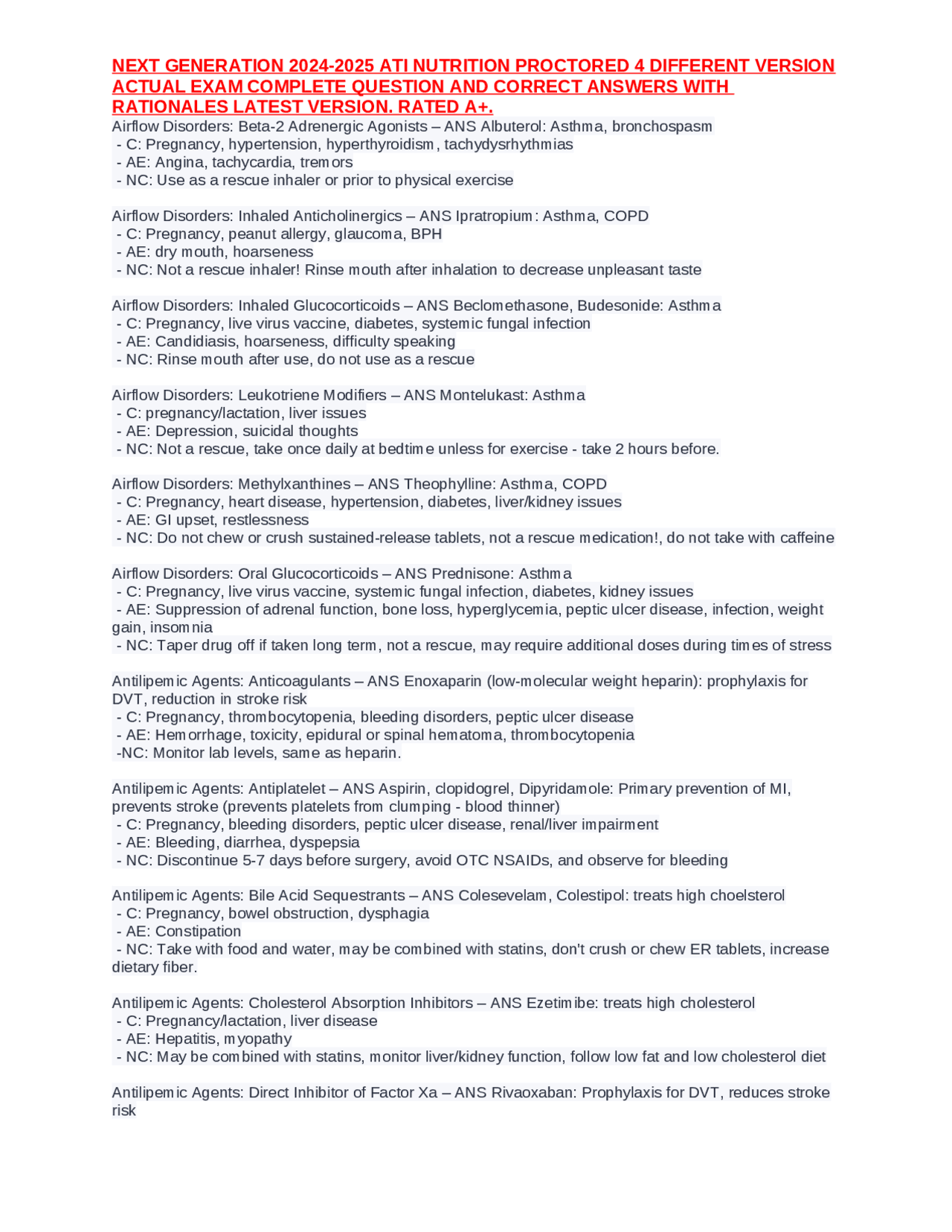 NEXT GENERATION 2024-2025 ATI NUTRITION PROCTORED 4 DIFFERENT VERSIONS ...