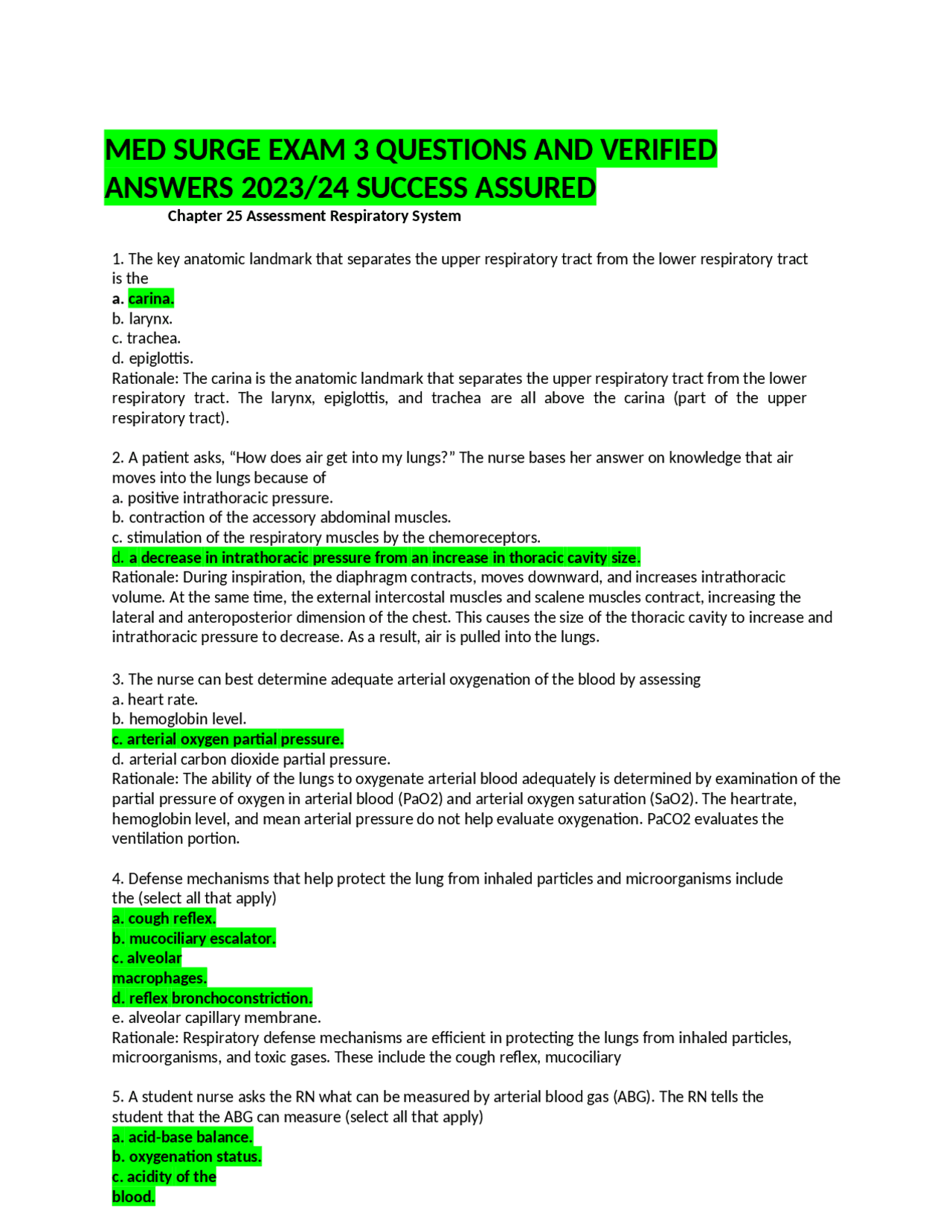 MED SURGE EXAM 3 QUESTIONS AND VERIFIED ANSWERS 2023/24 SUCCESS ASSURED ...