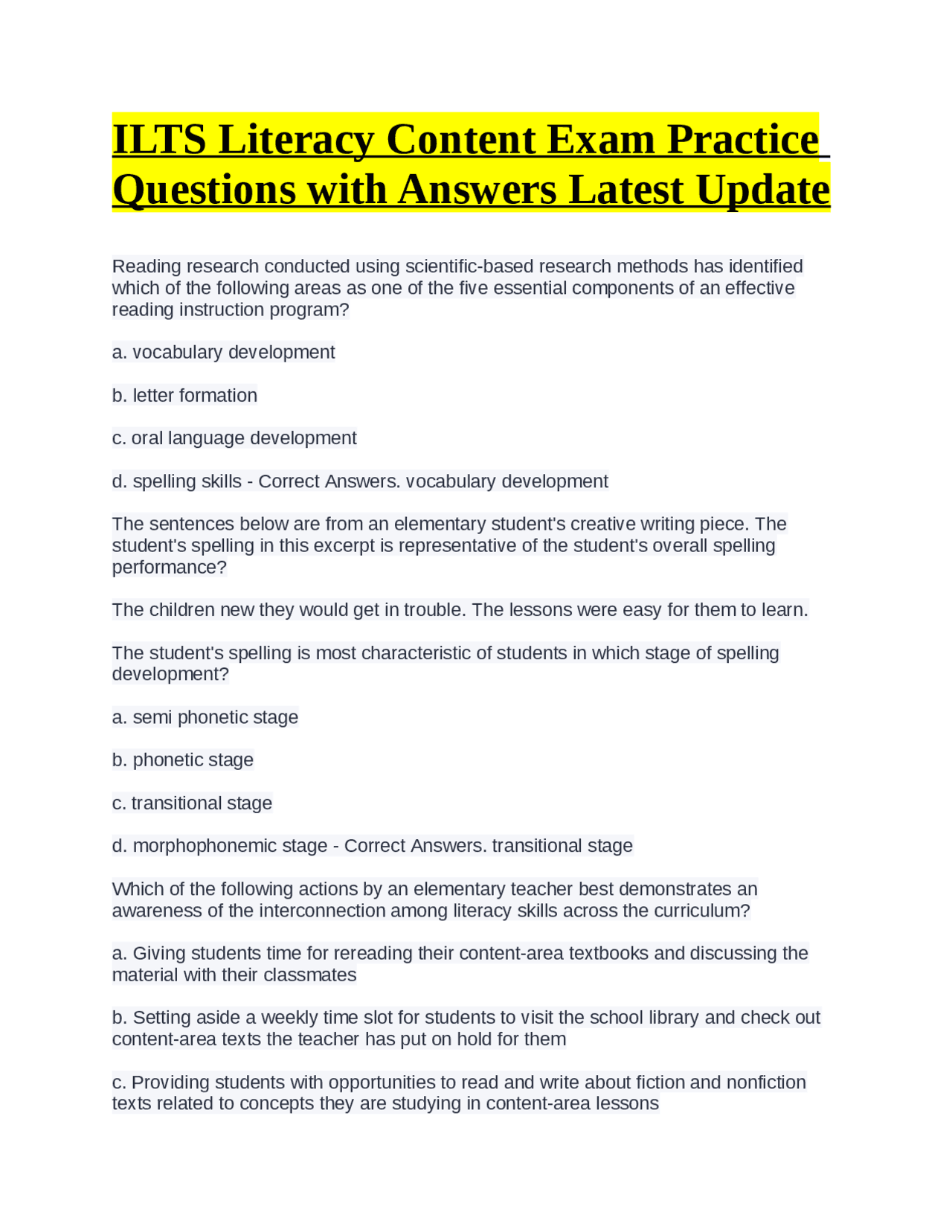 ILTS Literacy Content Exam Practice Questions with Answers Latest ...