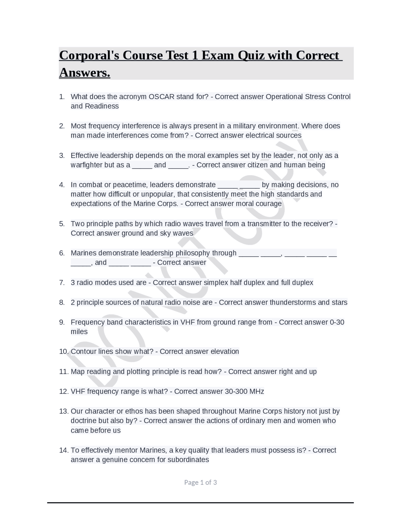Corporal's Course Test 1 Exam Quiz with Correct Answers. | Exams ...