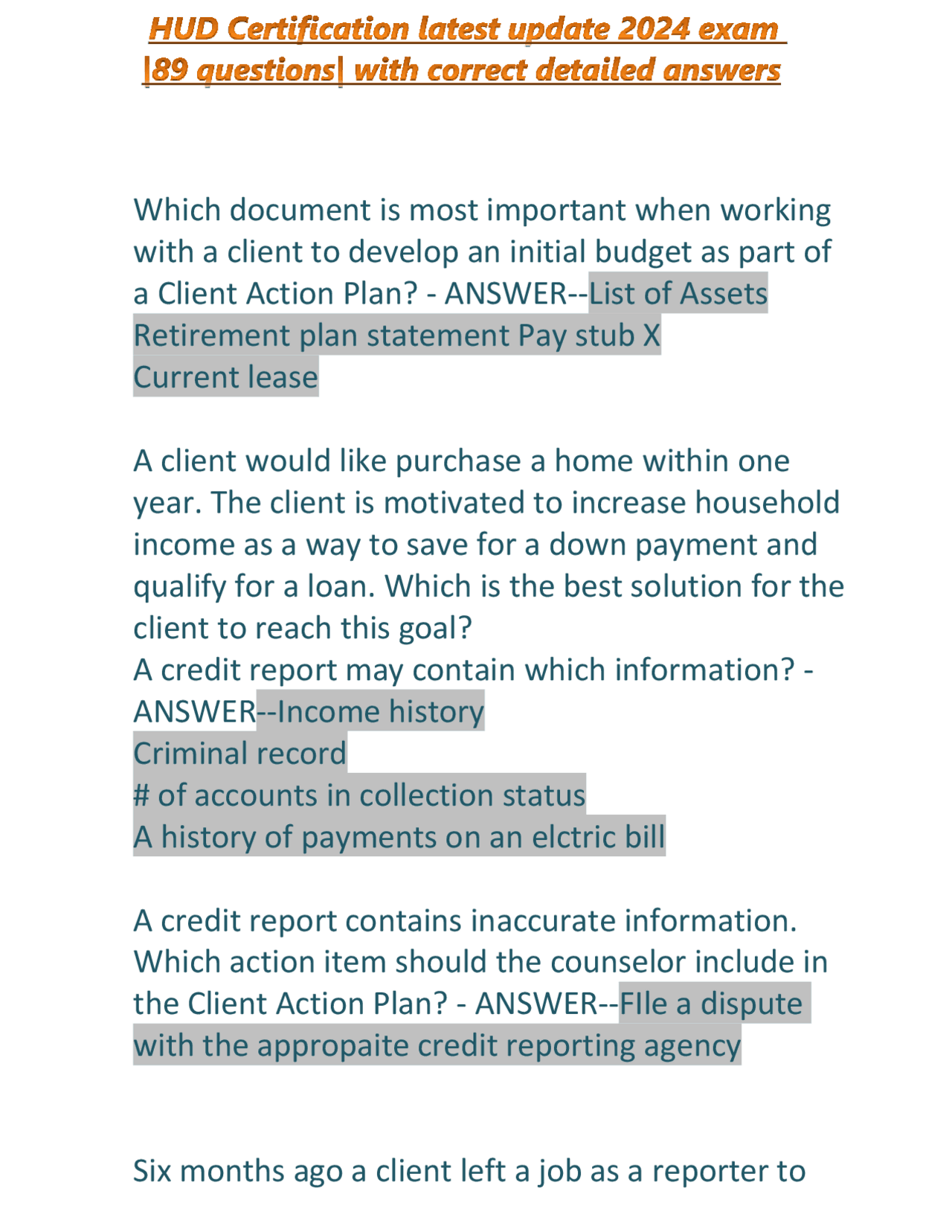 HUD Certification exam 2024 QUESTIONS AND CORRECT ANSWERS | Exams ...