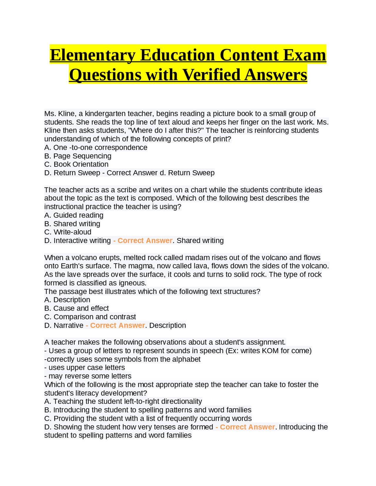 Elementary Education Content Exam Questions with Verified Answers ...