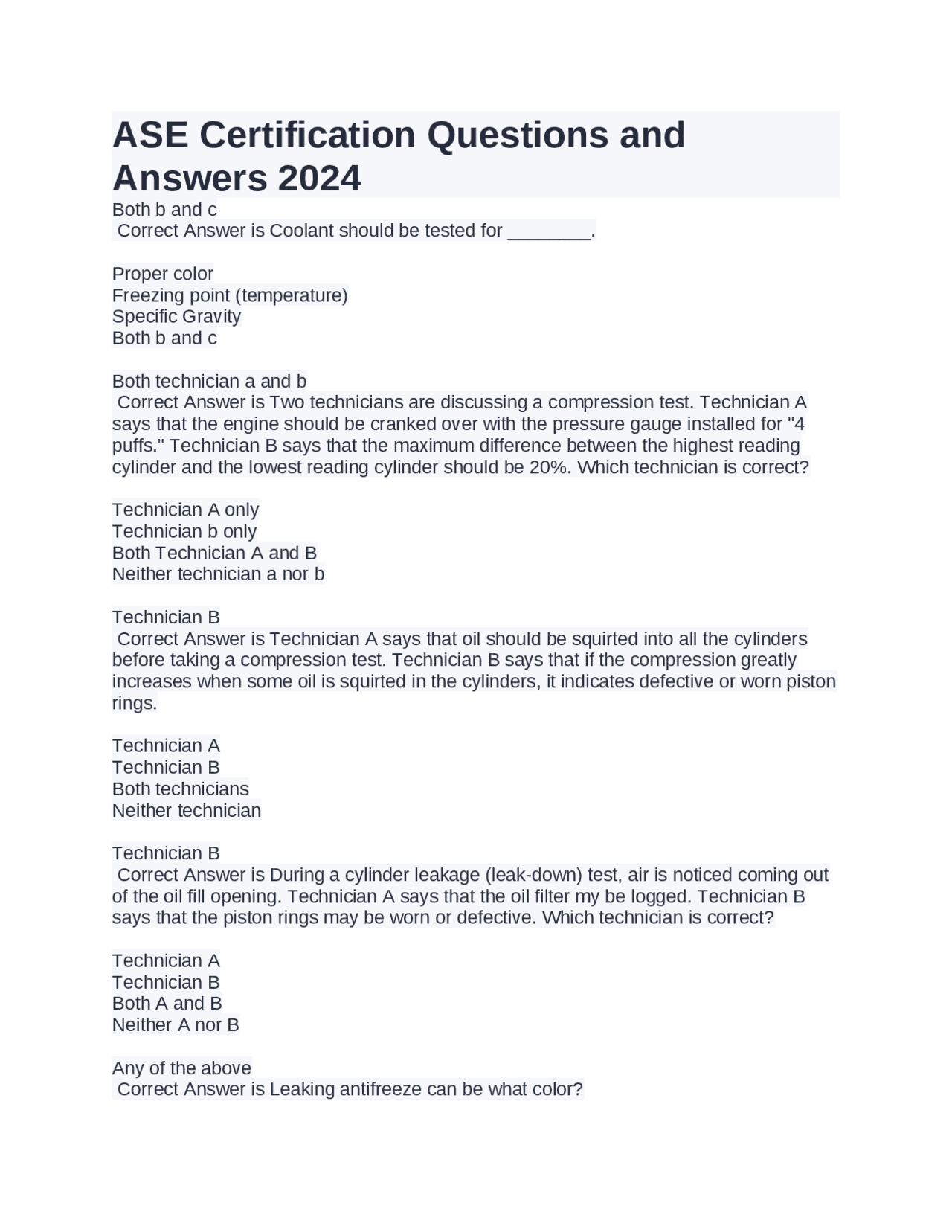 ASE Certification Questions and Answers 2024 | Exams Nursing | Docsity