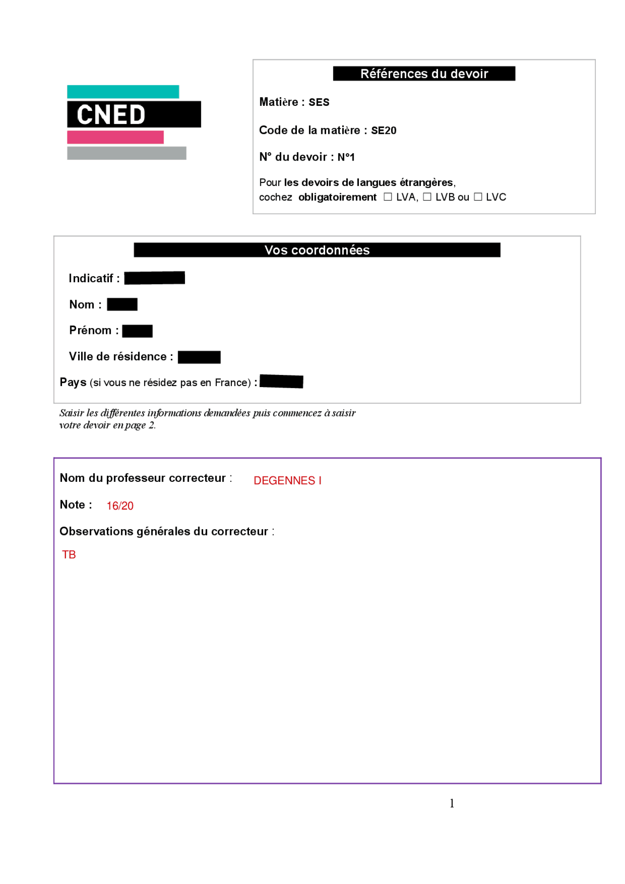 Devoir N°1 Sciences économiques et sociales 2nd CNED 2024 | Examens Sciences économiques et ...