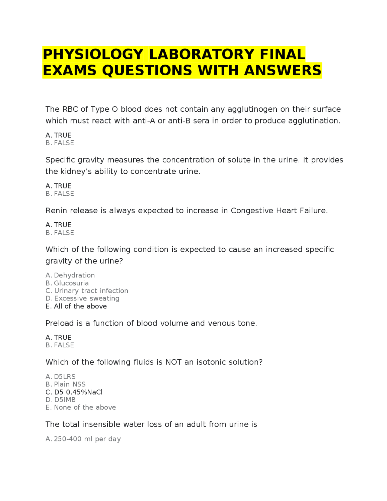 PHYSIOLOGY LABORATORY FINAL EXAMS QUESTIONS WITH ANSWERS | Exams Physiology | Docsity