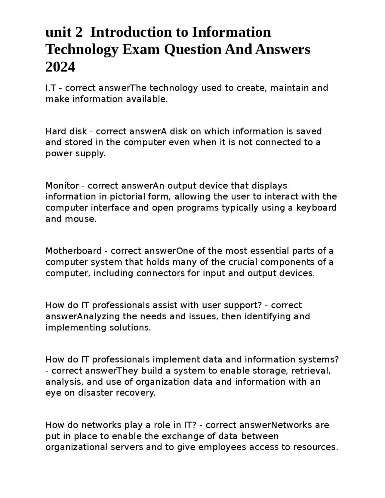 Introduction to Information Technology: Exam Questions and Answers 2024 | Exams Nursing | Docsity