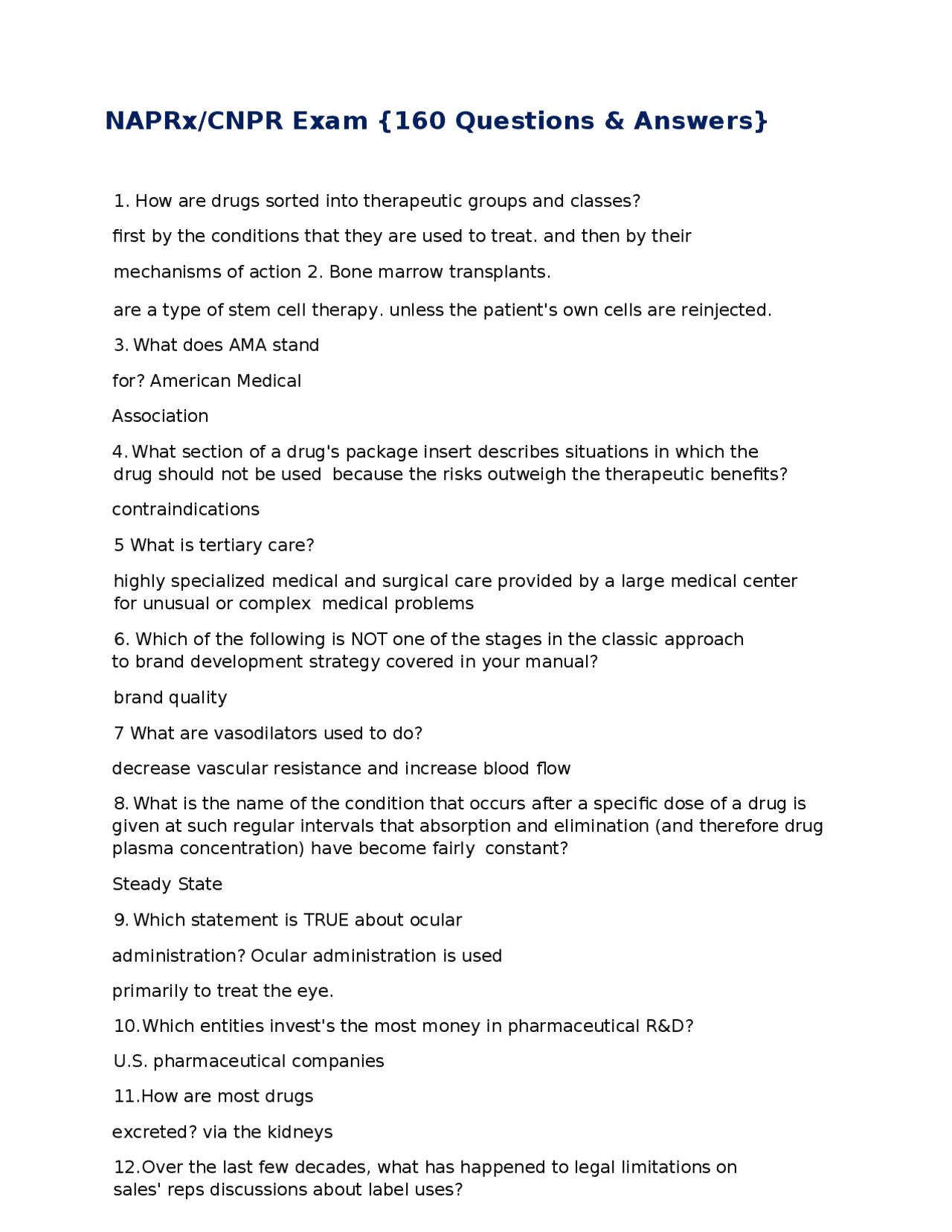 NAPRx/CNPR Exam {160 Questions & Answers} | Exams Nursing | Docsity