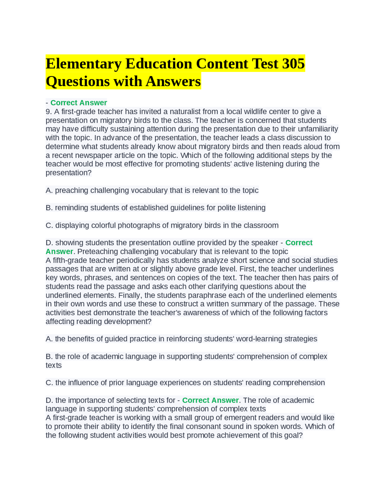 Elementary Education Content Test 305 Questions with Answers | Exams ...