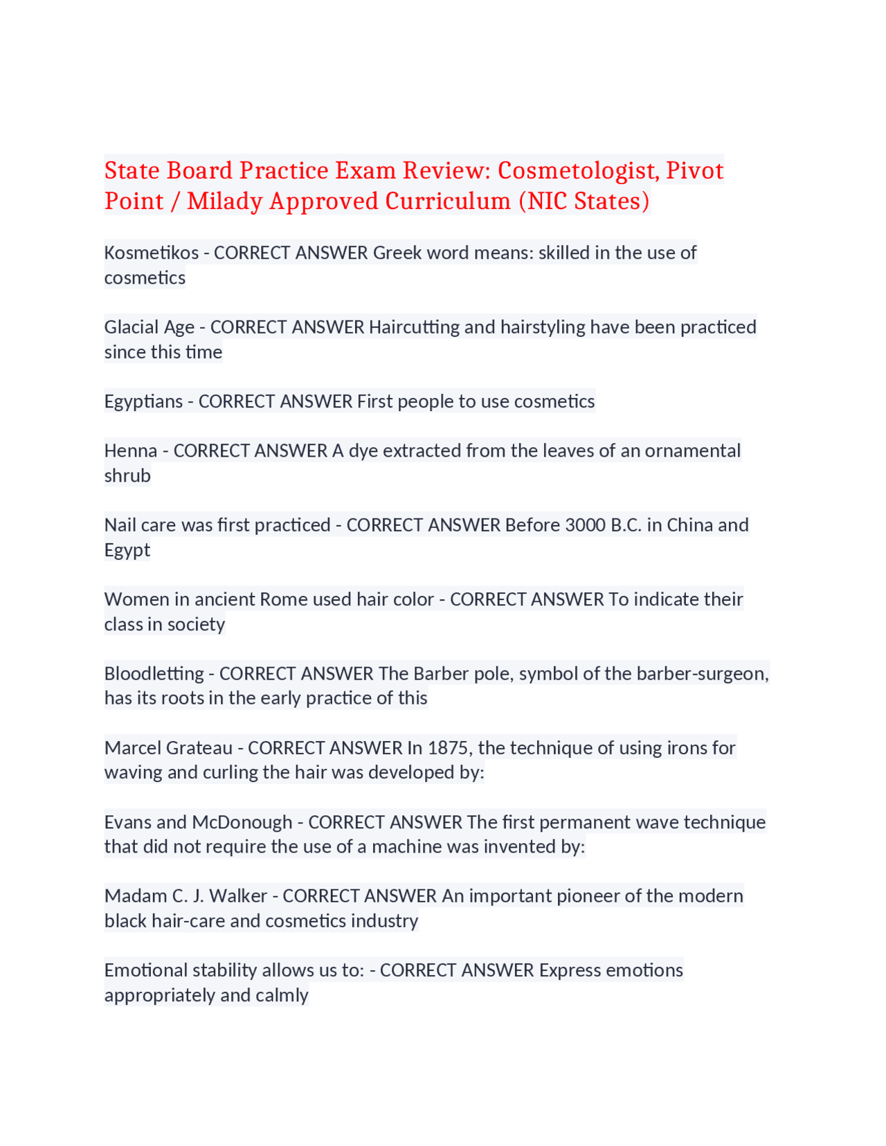 State Board Practice Exam Review: Cosmetologist, Pivot Point / Milady ...