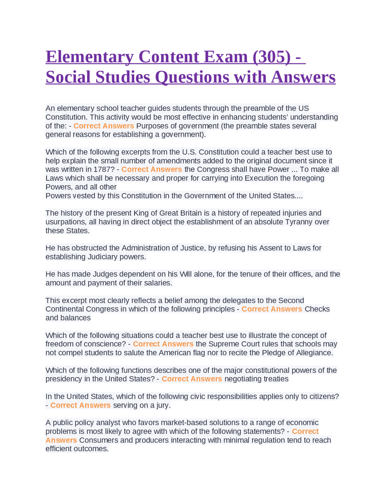 Elementary Content Exam: Social Studies Questions and Answers | Exams ...