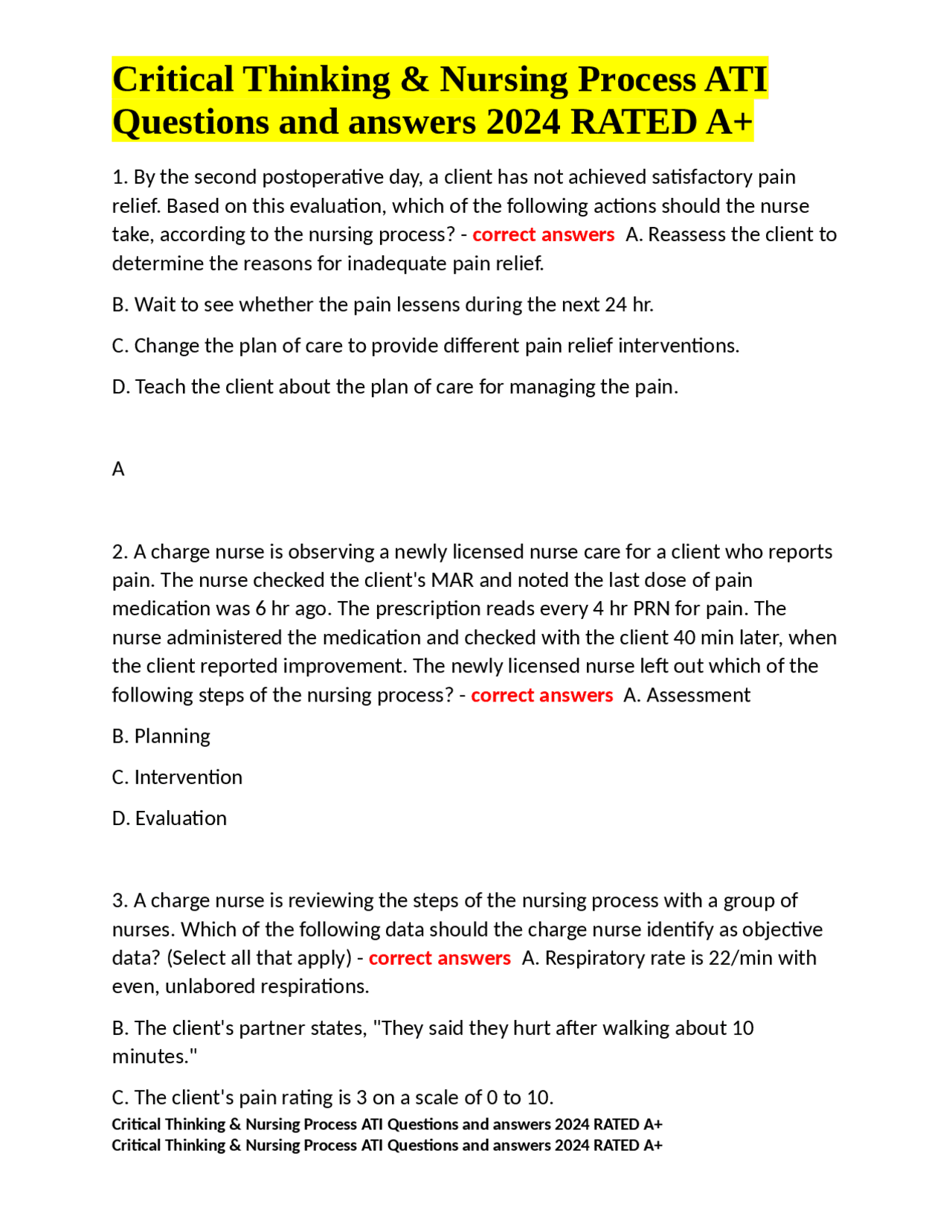 Critical Thinking & Nursing Process ATI Questions and answers 2024 ...