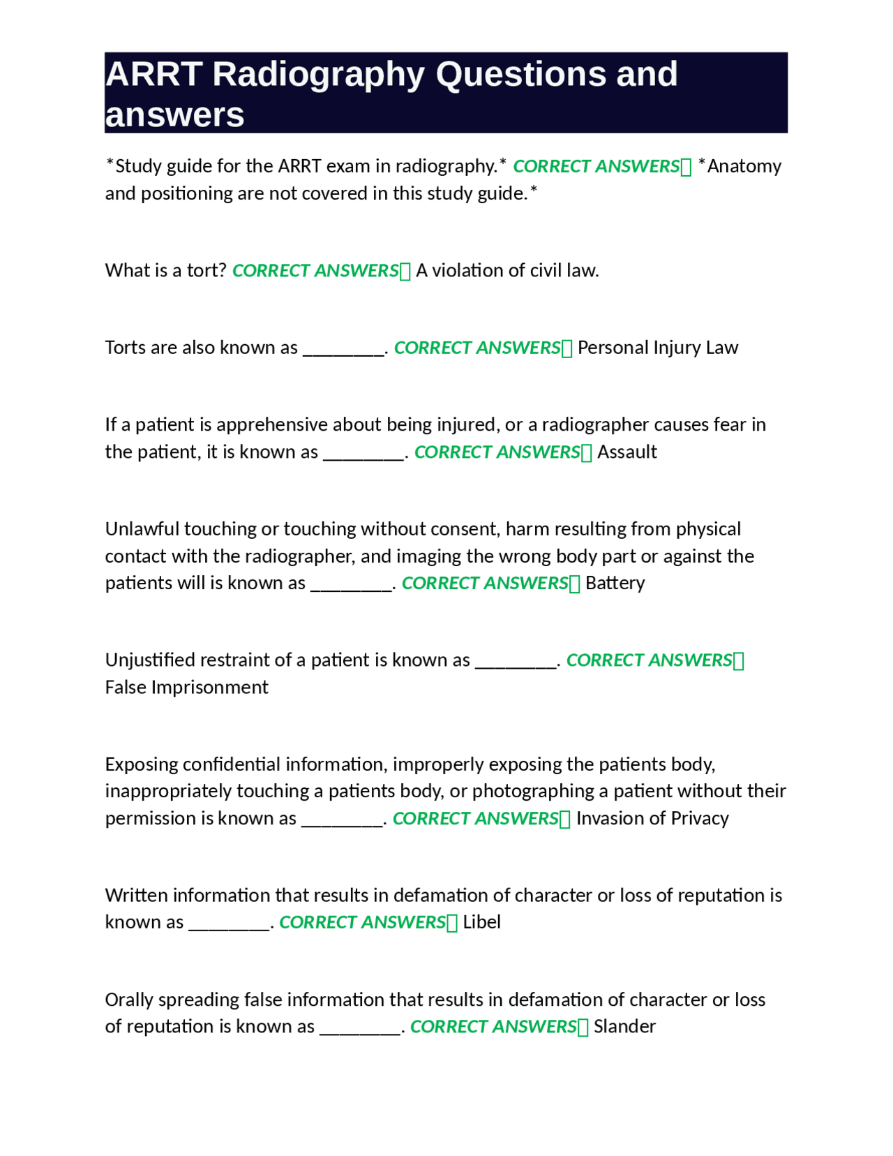 ARRT Radiography Questions and answers | Exams Radiography | Docsity