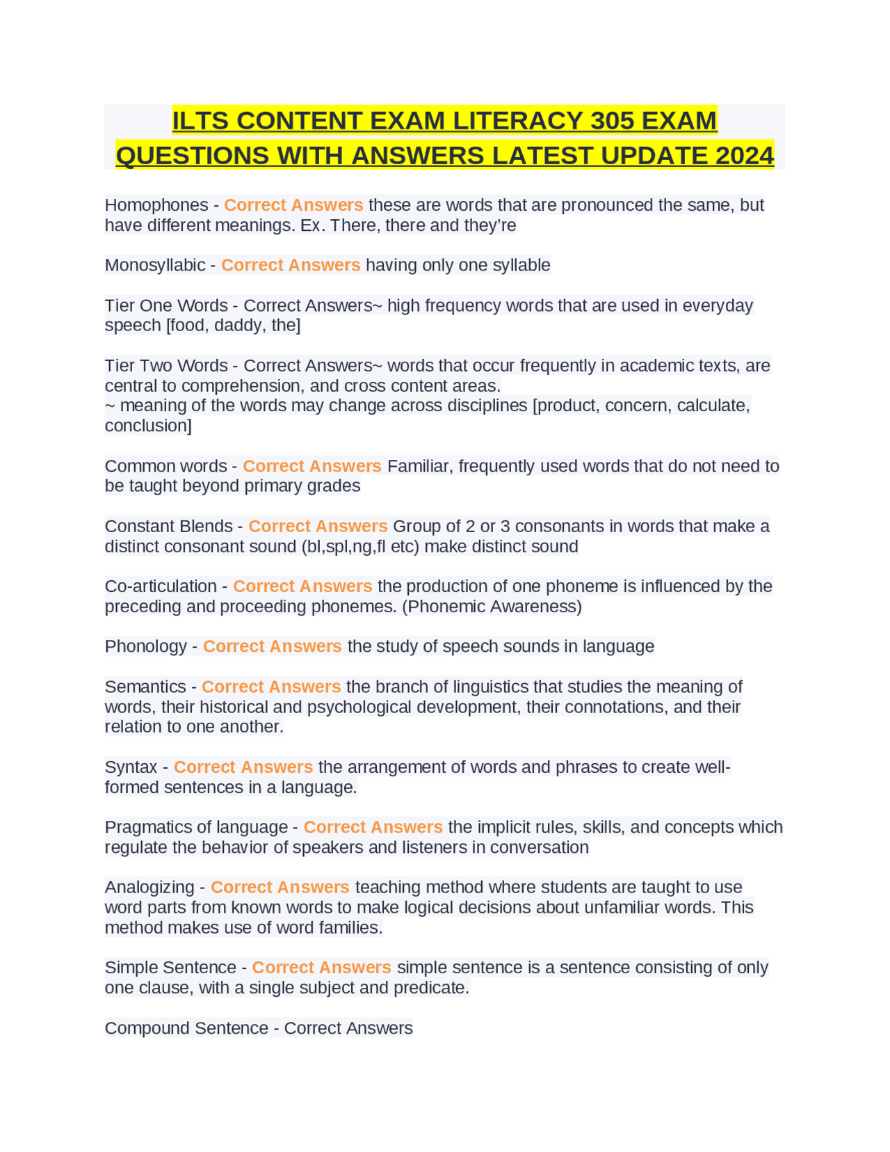 ILTS CONTENT EXAM LITERACY 305 EXAM QUESTIONS WITH ANSWERS LATEST ...