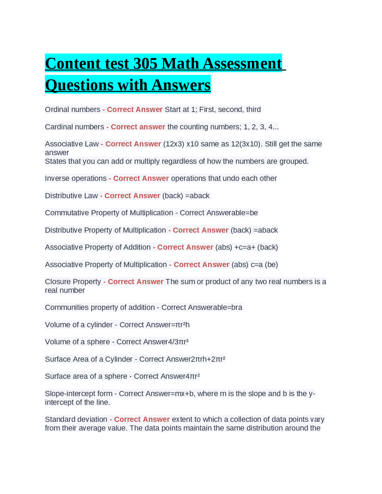 Content Test 305 Math Assessment Questions With Answers Exams Mathematics Docsity