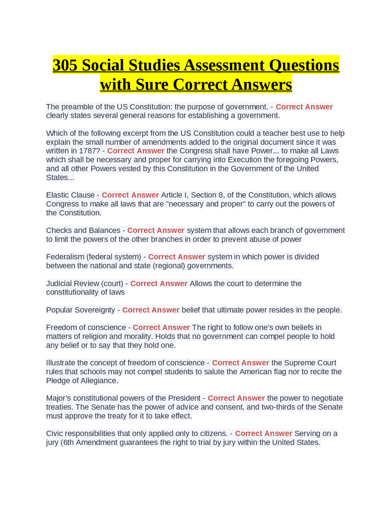 US Constitution and Government: Assessment Questions and Answers ...