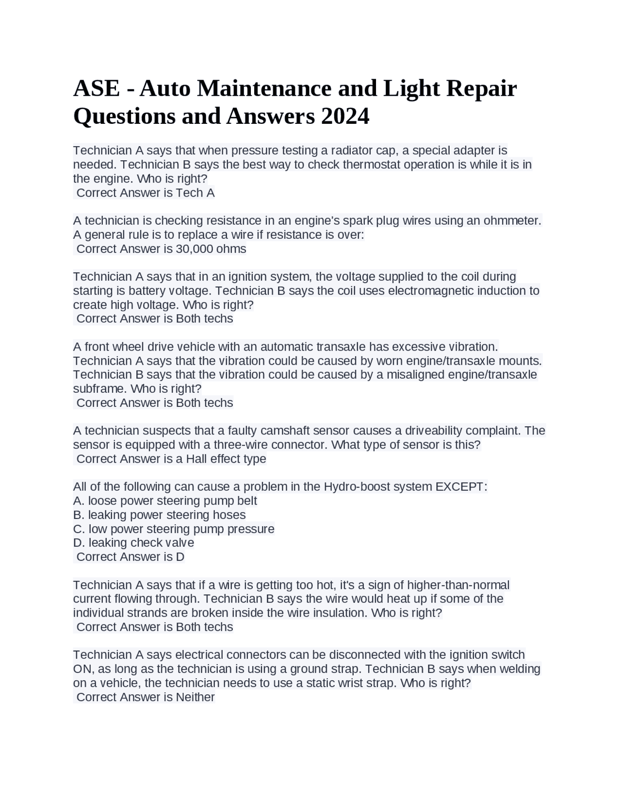 ASE - Auto Maintenance and Light Repair Questions and Answers 2024 ...