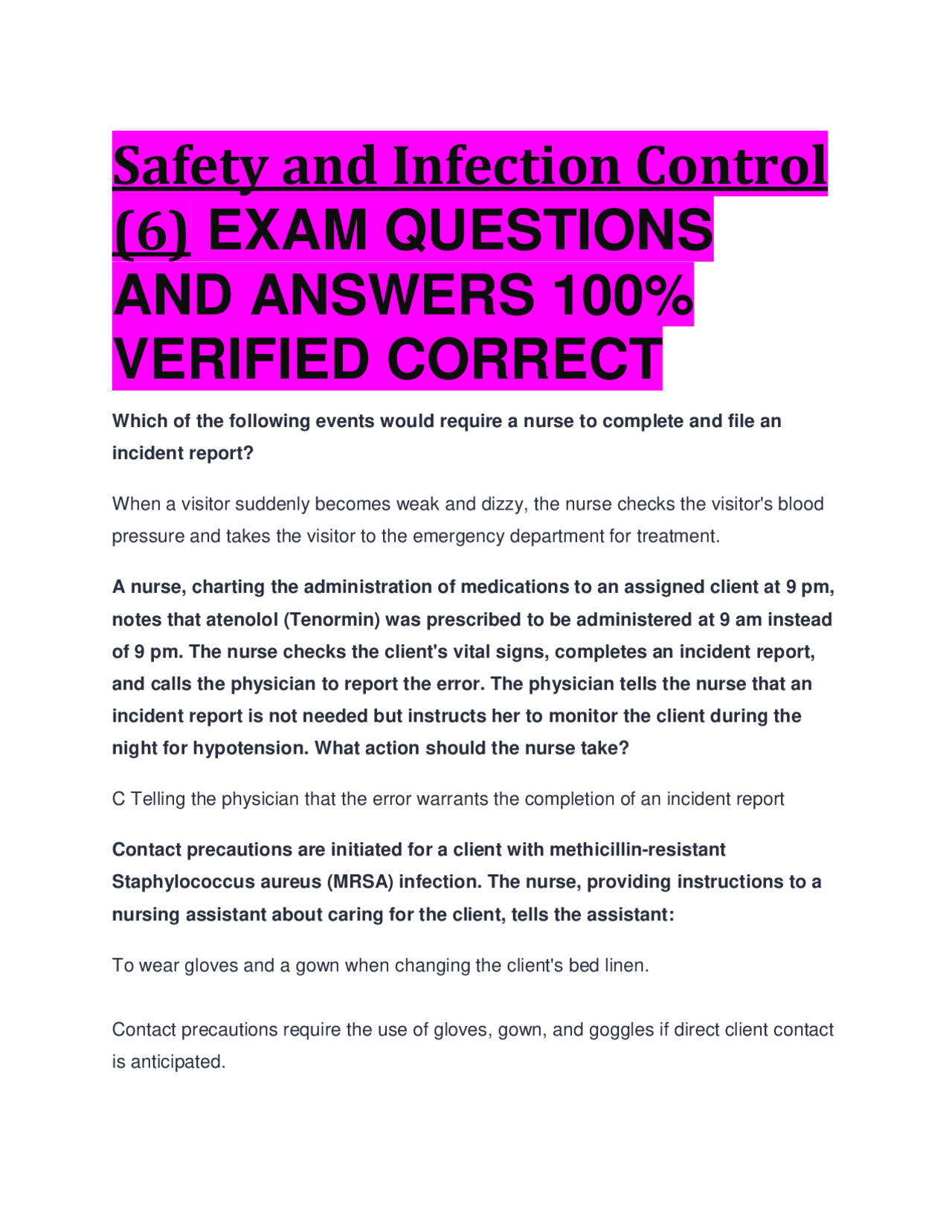 Safety and Infection Control (6) EXAM QUESTIONS AND ANSWERS 100% ...