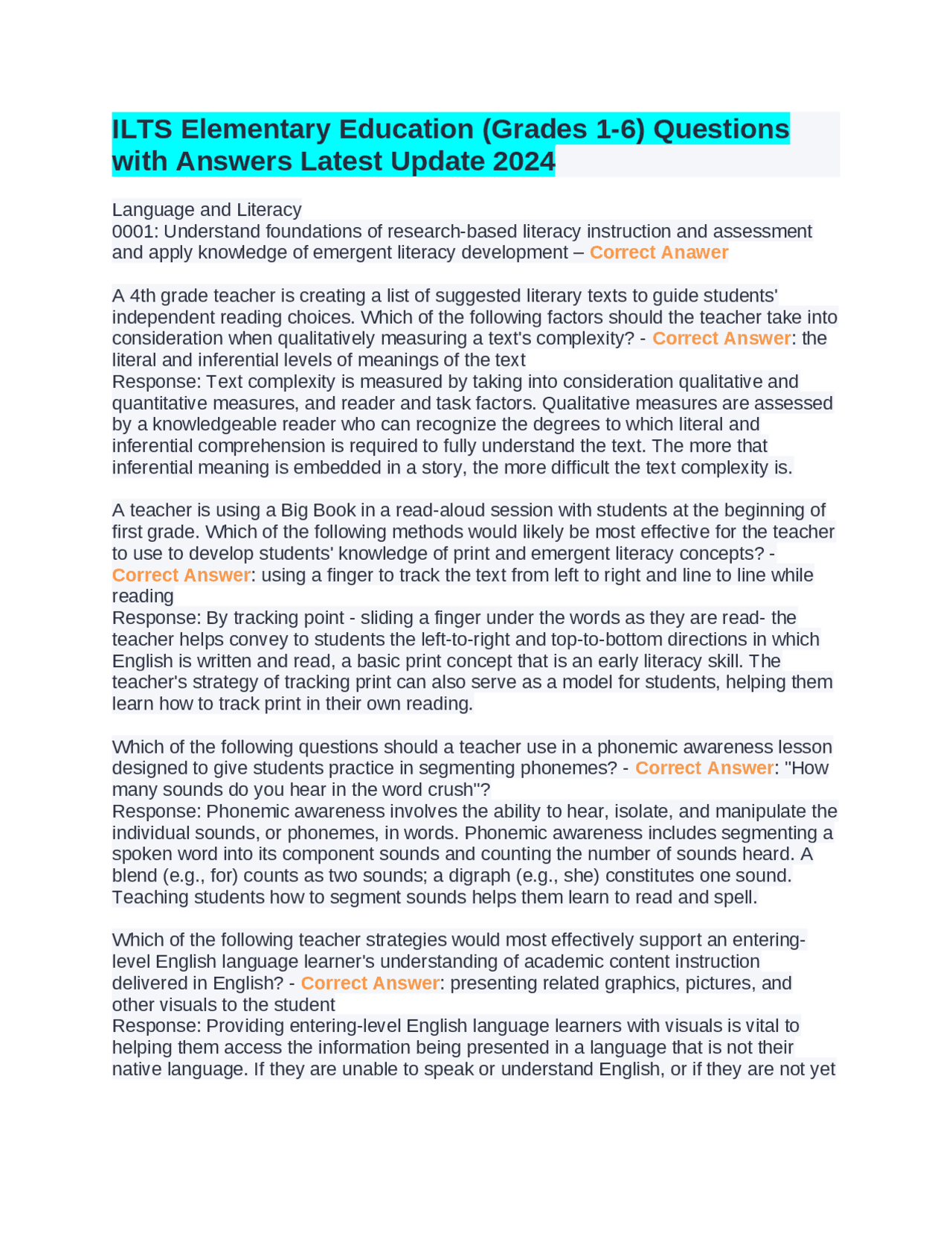 ILTS Elementary Education (Grades 1-6) Questions with Answers Latest ...