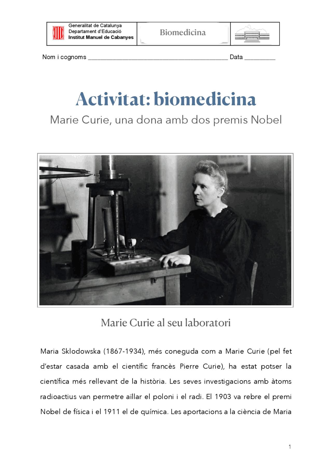 Activitat Marie Curie | Ejercicios de Biología | Docsity