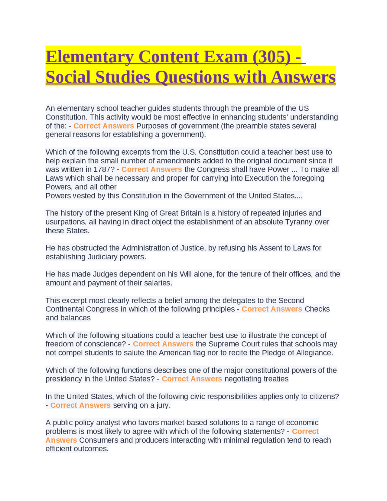 Elementary Content Exam (305) - Social Studies Questions with Answers ...
